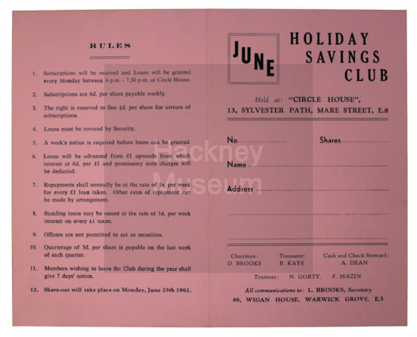 Contribution card : Holiday Savings Club | Hackney Museum