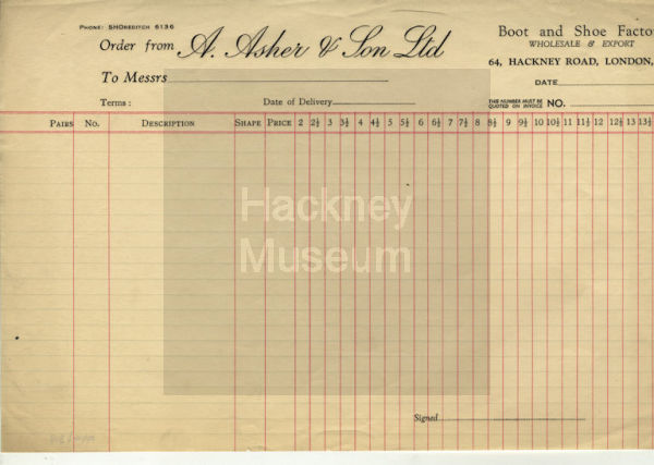 Order form : A. Asher and Son Ltd | Hackney Museum