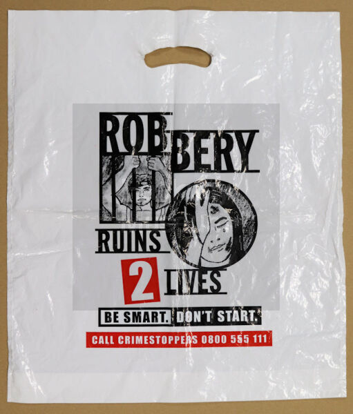 'Robbery ruins 2 lives' plastic carrier bag | Hackney Museum